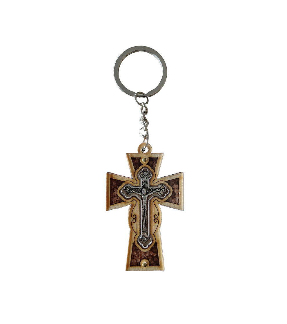 Crucifix Keychain with Brown Stones – Bethlehem Olivewood